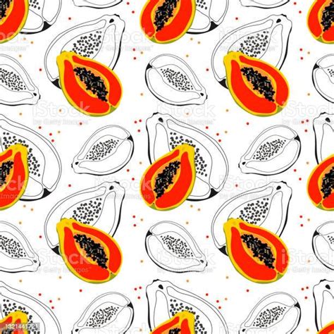 열대 파파야 과일과 벡터 원활한 패턴 인쇄 직물 침구 옷 포스터 엽서에 대한 여름 배경 0명에 대한 스톡 벡터 아트 및 기타 이미지 Istock