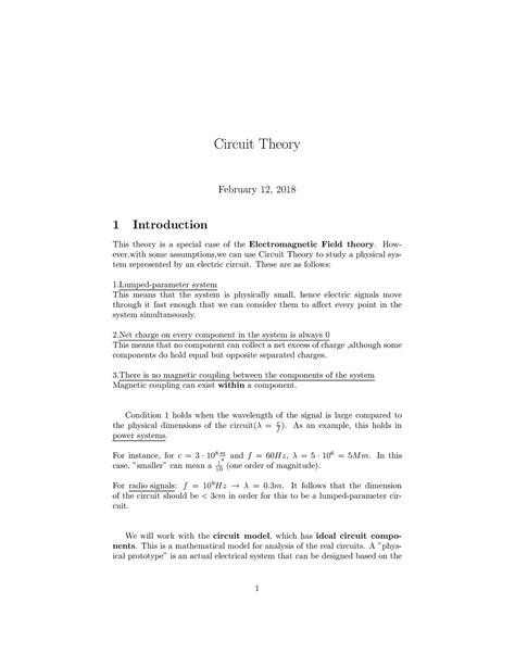 Lecture Notes Circuit Theory February 12 2018 1 Introduction This Theory Is A Special Case Of