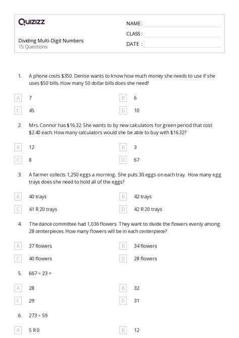 50 Multi Digit Numbers Worksheets For 6th Class On Quizizz Free