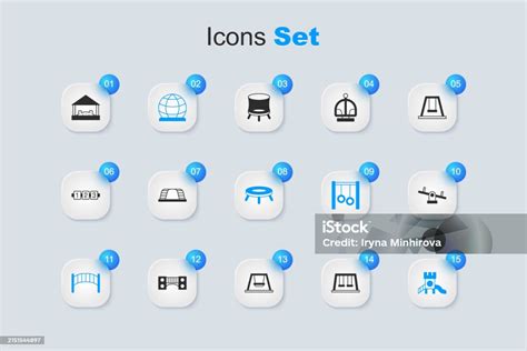 아이들을위한 그네 원숭이 바 놀이터 등반 장비 다리 슬라이드 놀이터 시소 모래 샌드 박스 및 점프 트램펄린 아이콘을 설정하십시오 벡터 0명에 대한 스톡 벡터 아트 및 기타