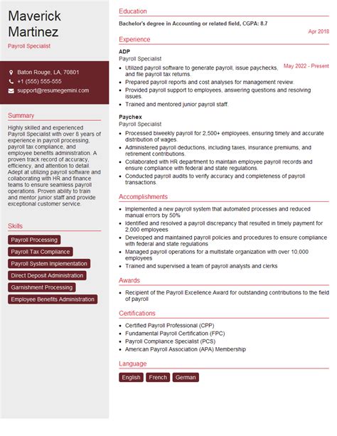 Payroll Specialist Resume Template Resumegemini Online Resume Builder