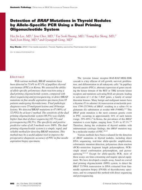 Pdf Detection Of Braf Mutations In Thyroid Nodules By Allele Specific Pcr Using A Dual Priming