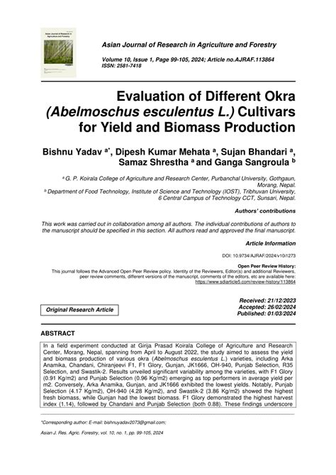 Pdf Evaluation Of Different Okra Abelmoschus Esculentus L Cultivars For Yield And Biomass