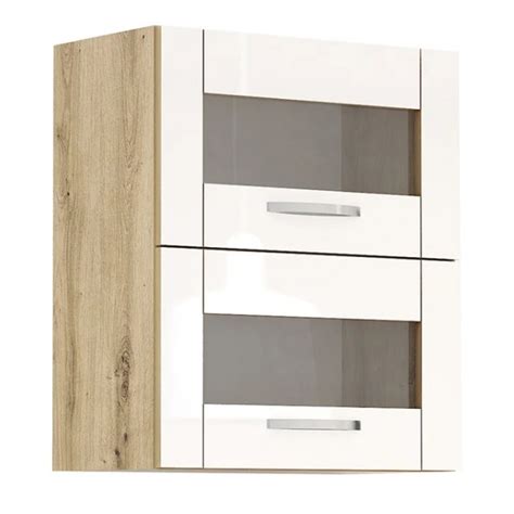 ЛОРЕН G 36 горен кухненски шкаф с 2 клапващи витрини Ш600 бял гланц дъб артизан