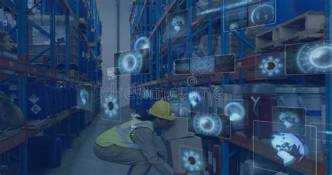 Animation Of Data Processing With Scope Scanning Over African American Female Worker In