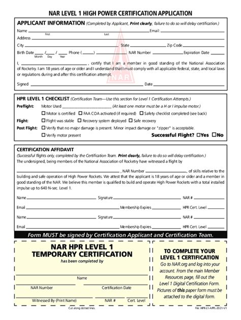 Fillable Online Nar Level 1 High Power Certification Application Fax
