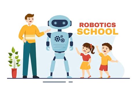 프로그래밍 및 엔지니어링 로봇에 대한 키즈 로봇 프로젝트가 포함된 로봇 학교 벡터 일러스트레이션 프리미엄 벡터