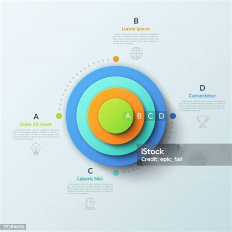 네 개의 둥근 요소가 있는 원형 차트는 하나의 둥근 선 기호와 문자가 있는 텍스트 상자 안에 하나씩 배치합니다 비즈니스 프로세스의 4 가지 기능의 개념 원형에 대한 스톡