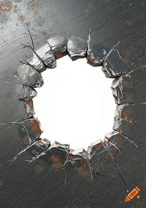 A Jagged Circular Hole With Cracks In A Dark Rusty Metal Surface