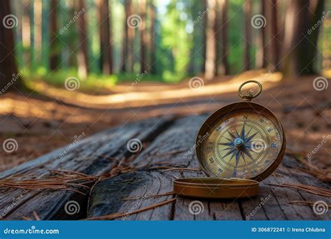 Vintage Compass On The Log In Forest Warm Sun Light Stock Illustration