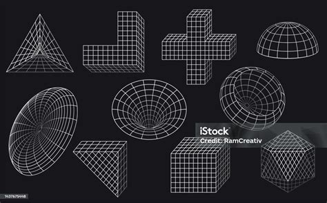 선이 있는 복고풍 미래 기하학적 모양 원근 그리드 형태의 와이어프레임의 과학 기술 요소 집합입니다 와이어 프레임 모델에 대한 스톡 벡터 아트 및 기타 이미지 Istock