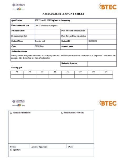 Assignment 2 Front Sheet Qualification Btec Level 5 Hnd Diploma In Computing Unit Number And