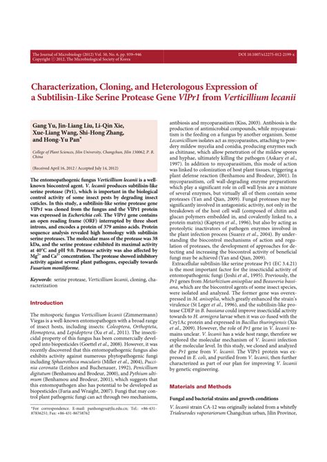 Pdf Characterization Cloning And Heterologous Expression Of A Subtilisin Like Serine