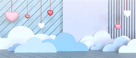 발렌타인 데이 에 사랑 에 블루 배경 개념 및 클라우드 에 빨간 마음 나무 벽에 최소한의 판매 배너 및 휴일 복사 공간 3d 렌더링 3차원 형태에 대한 스톡 사진 및 기타
