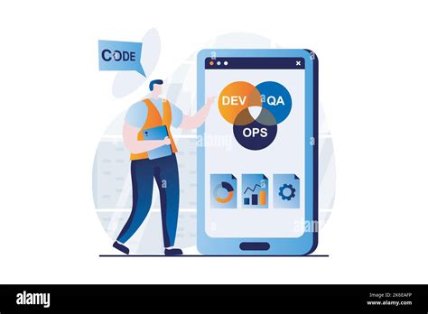 Devops Concept With People Scene In Flat Cartoon Design Man Setting Up
