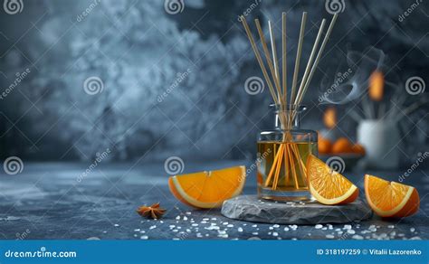 Aromatic Reed Diffuser On A Stone Base With Orange Slice Accent Close