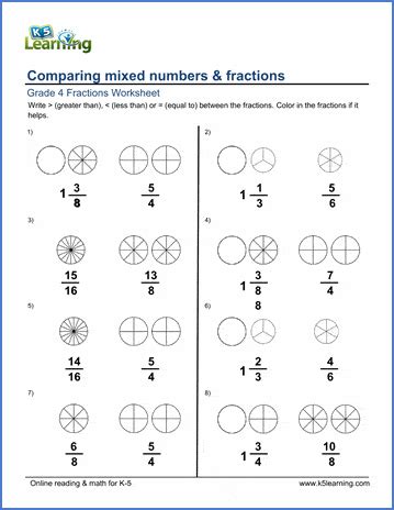 Grade 4 Math Worksheets Comparing Mixed Numbers Fractions K5 Learning
