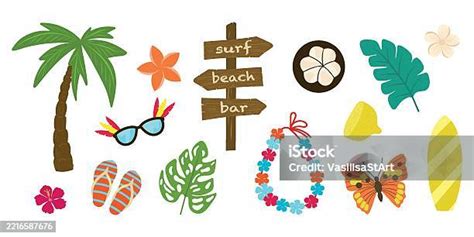 열대 해변 세트 열대 개체 컬렉션 야자수 선글라스 잎 레몬 레이 목걸이 나비 서핑 보드 플립 플롭 망고스틴 나무 해변 간판 꽃 0명에 대한 스톡 벡터 아트 및 기타 이미지