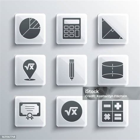 X 글리프의 제곱근 계산기 기하학적 그림 원통 연필 인증서 템플릿 파이 차트 인포그래픽 및 각도 이등분선 삼각형 아이콘을 설정합니다 벡터 0명에 대한 스톡 벡터 아트 및