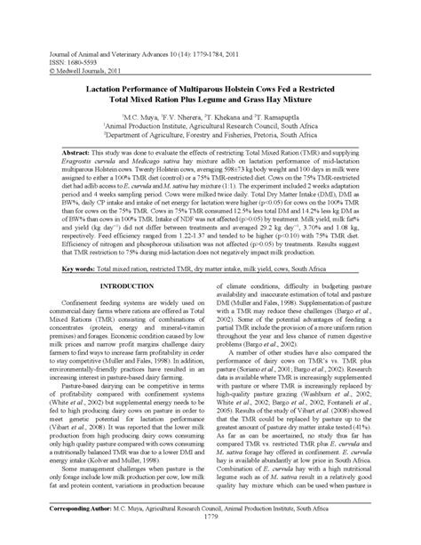 Pdf Lactation Performance Of Multiparous Holstein Cows Fed A Restricted Total Mixed Ration