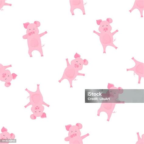 재미 돼지 만화 캐릭터를 다 빙 춤추는 돼지 귀여운 돼지는 재미가 있다 보육 섬유 어린이 의류에 대 한 완벽 한 패턴입니다 돼지에 대한 스톡 벡터 아트 및 기타 이미지
