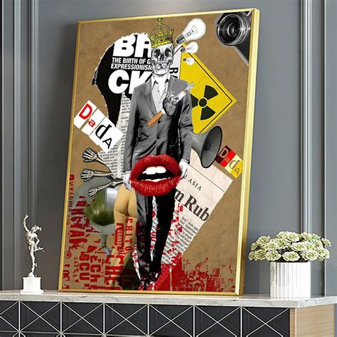 현대 패션 그림 추상 신문 콜라주 흡연 소녀 캔버스 포스터 및 인쇄 거실 벽 예술 그림그림 And 서예 Aliexpress