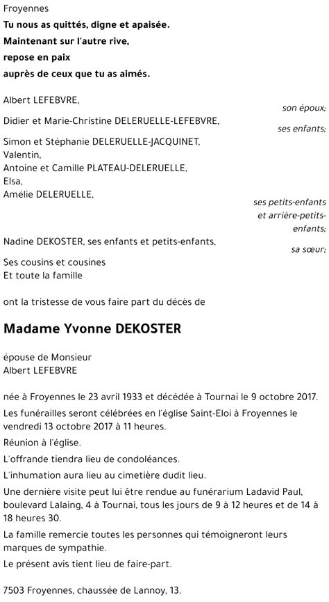 Avis De Décès De Yvonne Dekoster Décédé Le 09102017 à Tournai Annonce Condoléances Fleurs