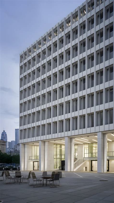 Modern Building With White Facade And Grid Pattern Overlooks City
