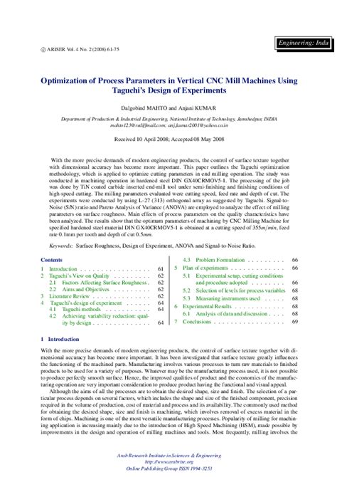 Pdf Optimization Of Process Parameters In Vertical Cnc Mill Machines