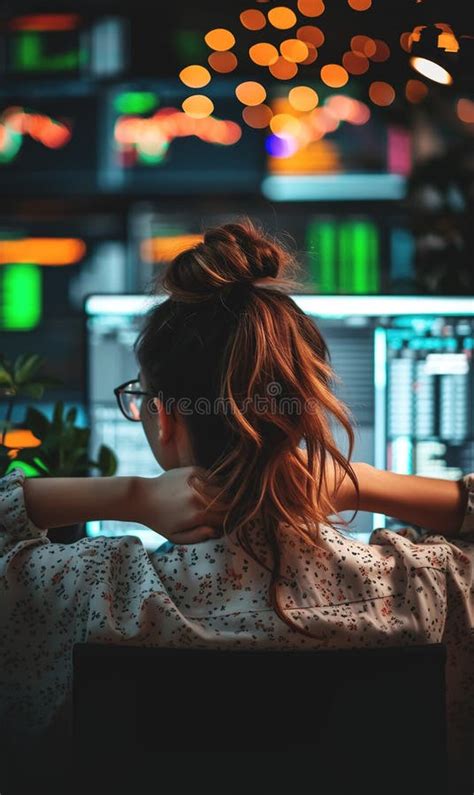 Back View Of Professional Female Trader Looking At Monitor With Stock