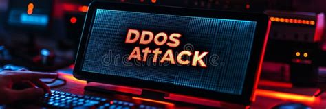 Ddos Attack Warning On Computer Screen In Dark Room Highlighting