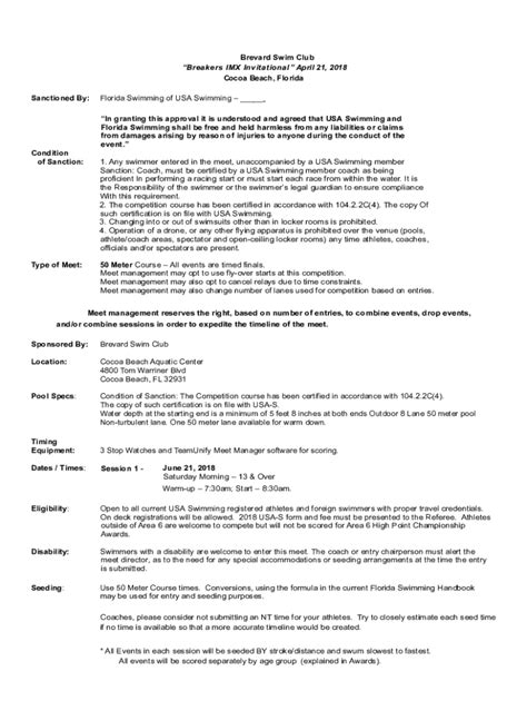 Fillable Online Brevard Swim Club Breakers IMX Invitational TeamUnify Fax Email Print PdfFiller