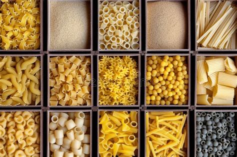 Different Types Of Uncooked Pasta Arranged In Boxes Conceptual Illustration Generative Ai