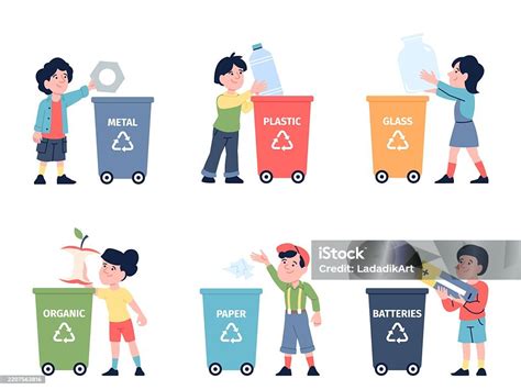 아이들이 쓰레기를 분류합니다 쓰레기를 모으고 분리하는 방법을 공부하는 아이들 플라스틱 유리 유기물에 대한 오른쪽 용기에 쓰레기를 버리고 최근 벡터 세트 개발에 대한 스톡
