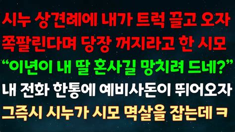 실화사연 시누 상견례에 내가 트럭 끌고 오자 쪽팔린다며 꺼지라고한 시모 이년이 내 딸 혼사길 망치려 드네 내 전화에 예비사돈 뛰어오자 그즉시 시누가 시모 멱살을