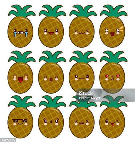 파인애플 만화 문자 집합 감정 귀여운 얼굴에 평면 디자인 벡터 일러스트 레이 션 개체 그룹에 대한 스톡 벡터 아트 및 기타 이미지 개체 그룹 건강한 생활방식 건강한
