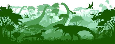 공룡이 있는 벡터 선사 시대 완벽 한 정글 배경 Dromaeosaurus Carcharodontosaurus Bactrosaurus Brontosaurus