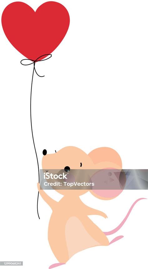 빨간 장난감 풍선 벡터 일러스트의 밧줄을 들고 뾰족한 주둥이와 둥근 귀 귀여운 마우스 가리키기에 대한 스톡 벡터 아트 및 기타 이미지 가리키기 귀 부분 벡터 Istock