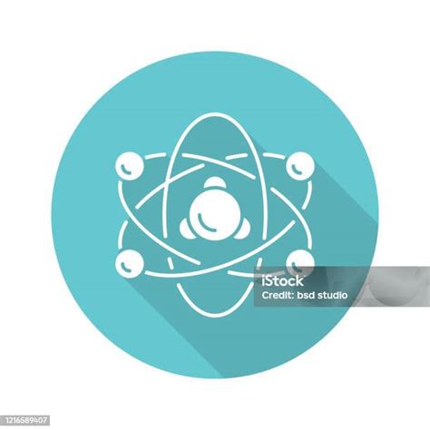 핵 물리학 청록색 평면 디자인 긴 그림자 문일 체 아이콘입니다 원자 구조 모델입니다 전자 중성자 및 양성자 아원자 분자 입자 원자 핵심 요소입니다 벡터 실루엣 일러스트레이션