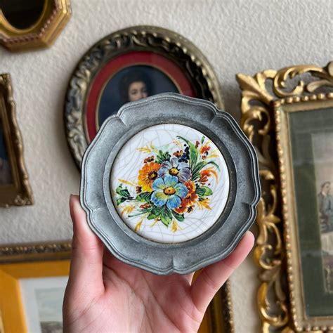 Vintage Porcelain Pewter Plate Wall Art Thrift Antiques