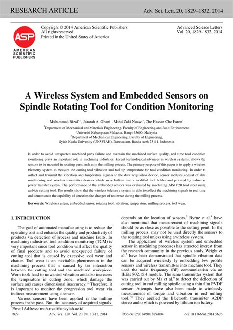 Pdf A Wireless System And Embedded Sensors On Spindle Rotating Tool For Condition Monitoring