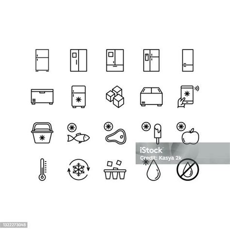 냉장고 플랫 라인 아이콘 세트 냉동고 냉장 보관 프리지 쿨박스 상점 웹 사이트 또는 모바일 앱에 대한 간단한 평면 벡터 그림입니다 편집 가능한 스트로크 0명에 대한 스톡