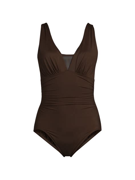 Lands End Womens Slendersuit Mesh Grecian Tummy Control Chlorine