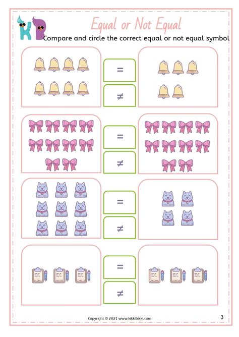 15 Free Equal Or Not Equal Worksheets Kikkibikki Kindergarten Math