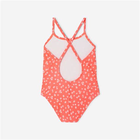 Young Girls 1 Piece Swimsuit Lila Daisy Coral Decathlon