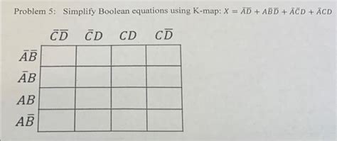 Solved Problem Simplify Boolean Equations Using K Map X Chegg Com