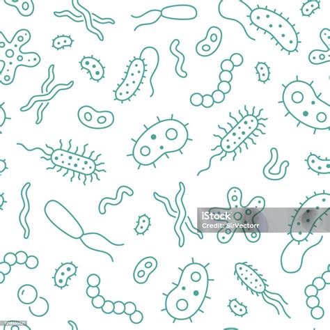 박테리아 바이러스 미생물 원활한 패턴 벡터 배경미생물 세균 곰팡이 세포 미생물 인포그래픽용 프로바이오틱 윤곽표로 라인 아이콘 포함 건강관리와 의술에 대한 스톡 벡터 아트 및