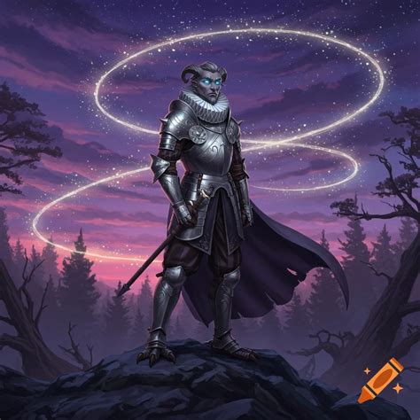A Horned Fantasy Commander In Ornate Silver Armor And A Ruff Stands On