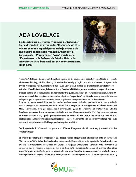 Ada Lovelace A A Pesar De Que En Siglo Xix No Era Frecuente Que Las