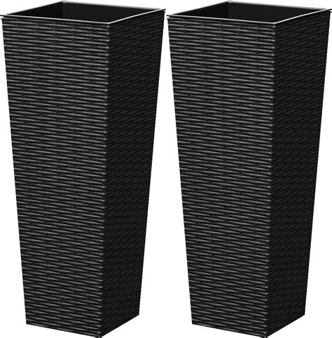 Greesum 24 Inch Tall Plastic Planters With Rattan Texture Set Of 2